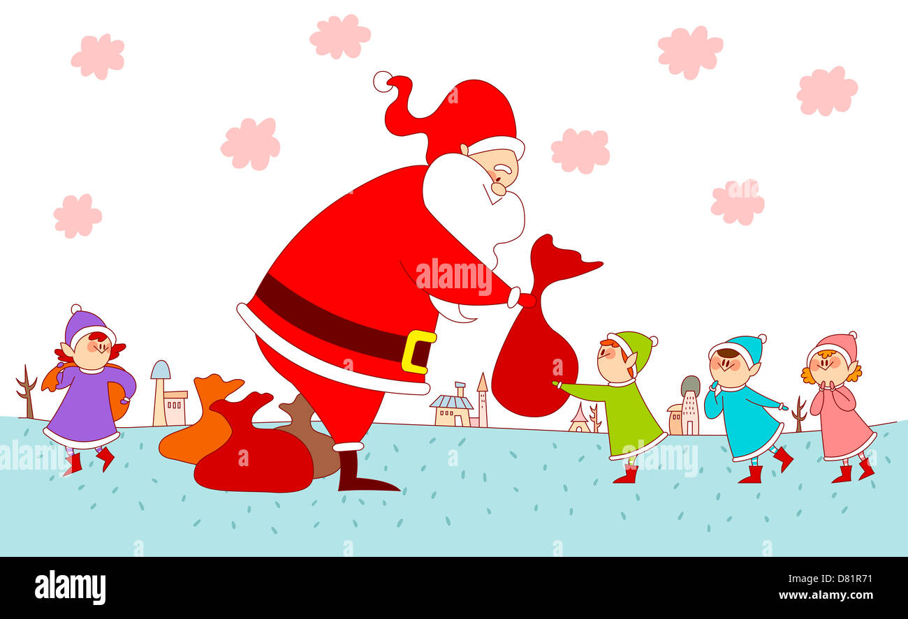 An illustration of Santa and his elves Stock Photo - Alamy