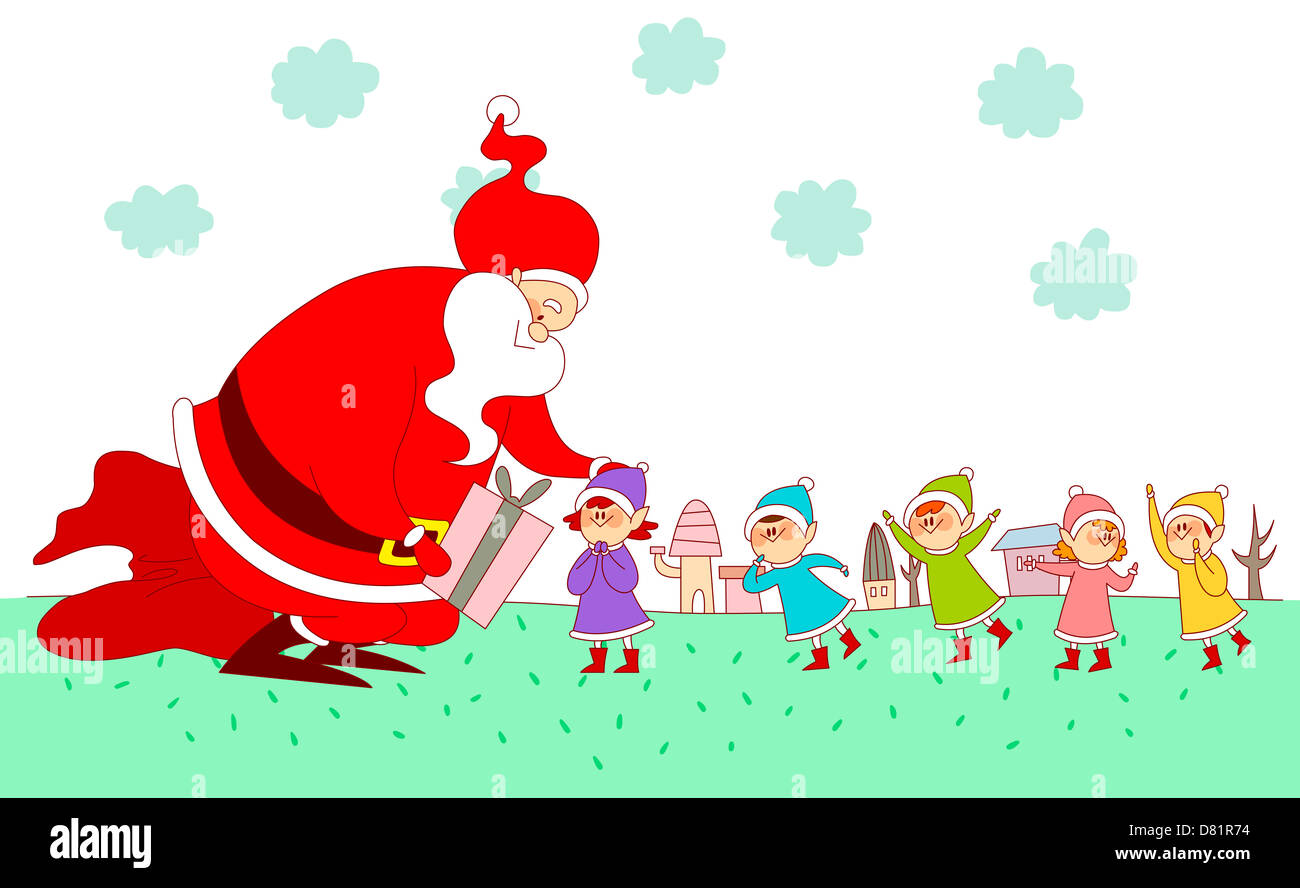 An illustration of Santa and his elves Stock Photo - Alamy