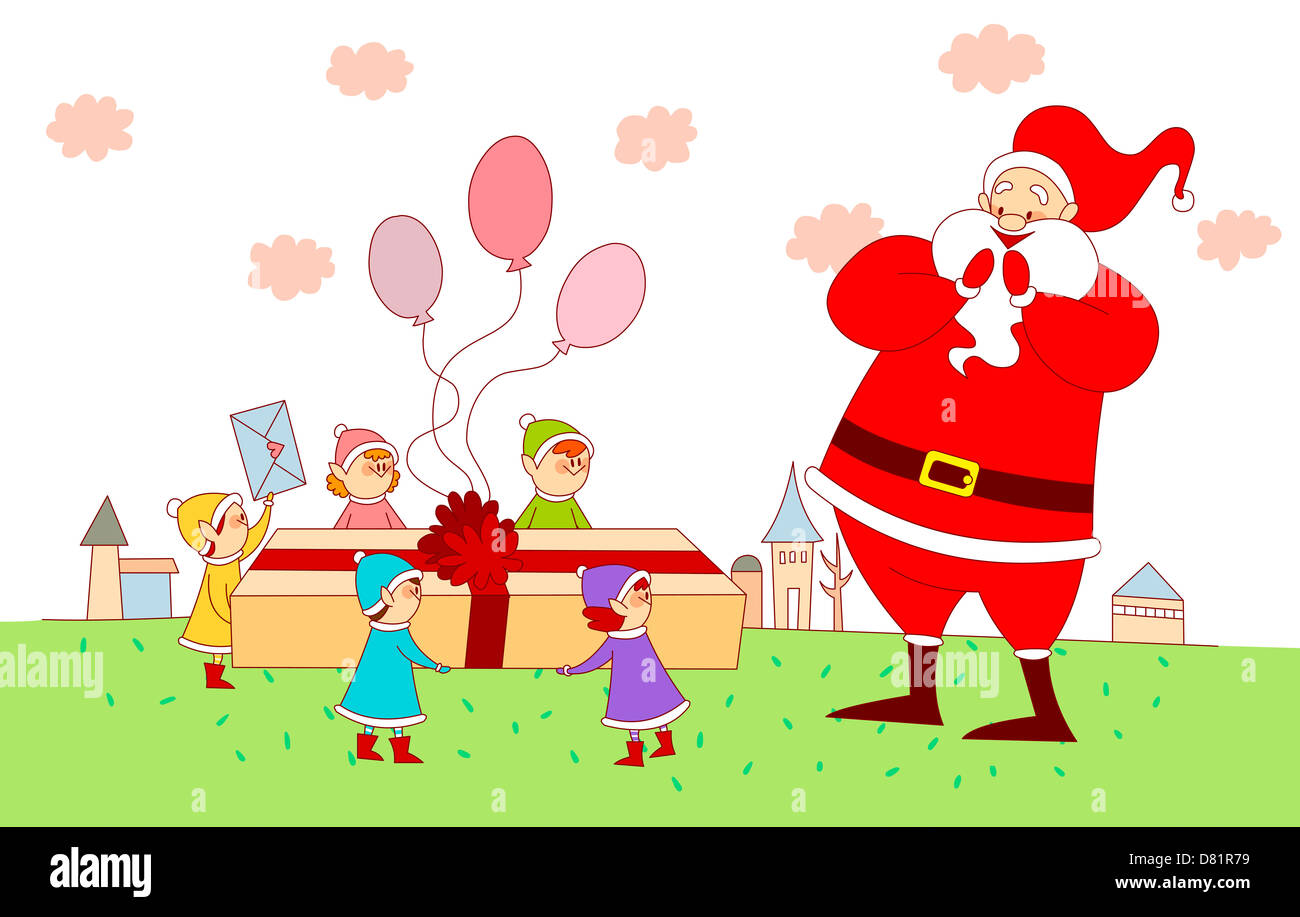 An illustration of Santa and his elves Stock Photo - Alamy