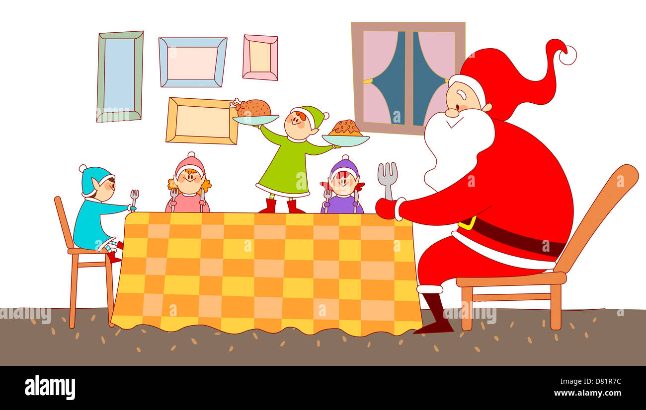 An illustration of Santa and his elves Stock Photo - Alamy