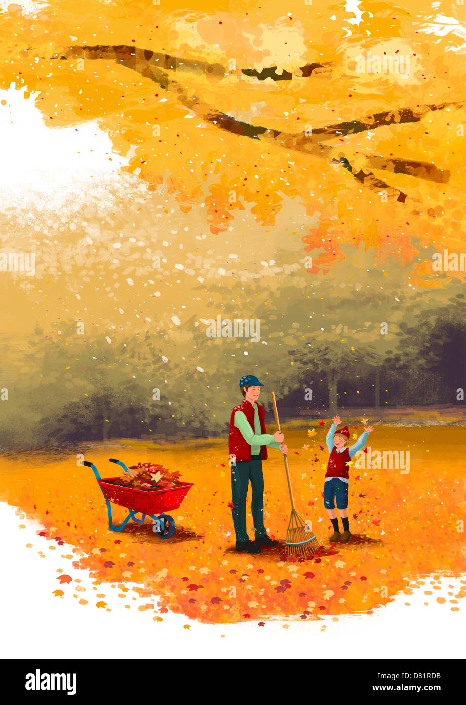 An illustration showing a family raking leaves Stock Photo - Alamy