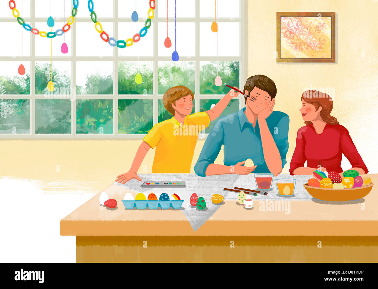 An illustration showing a family painting easter eggs Stock Photo - Alamy