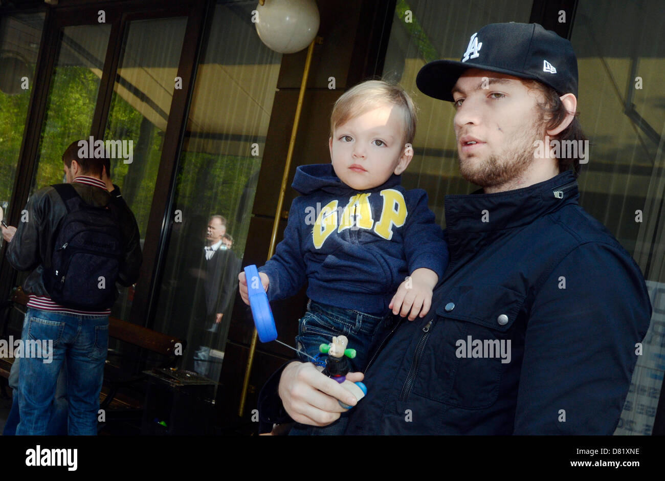 Czech player Martin Hanzal with his son is seen before a departure of ...