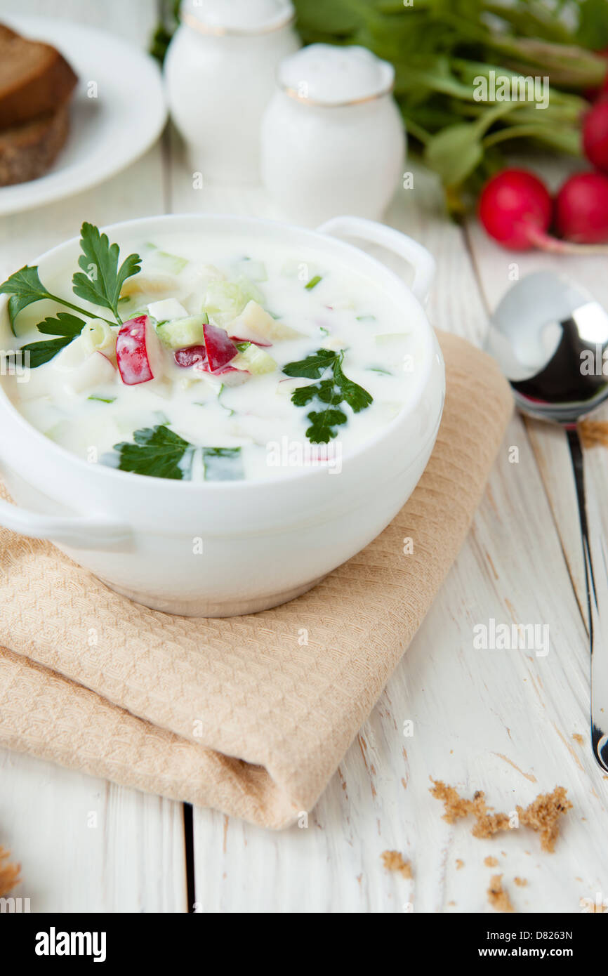 White Okroshka in a white tureen, food Stock Photo - Alamy