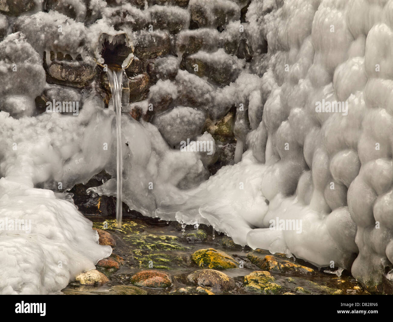 winter ice water running from underground Stock Photo - Alamy