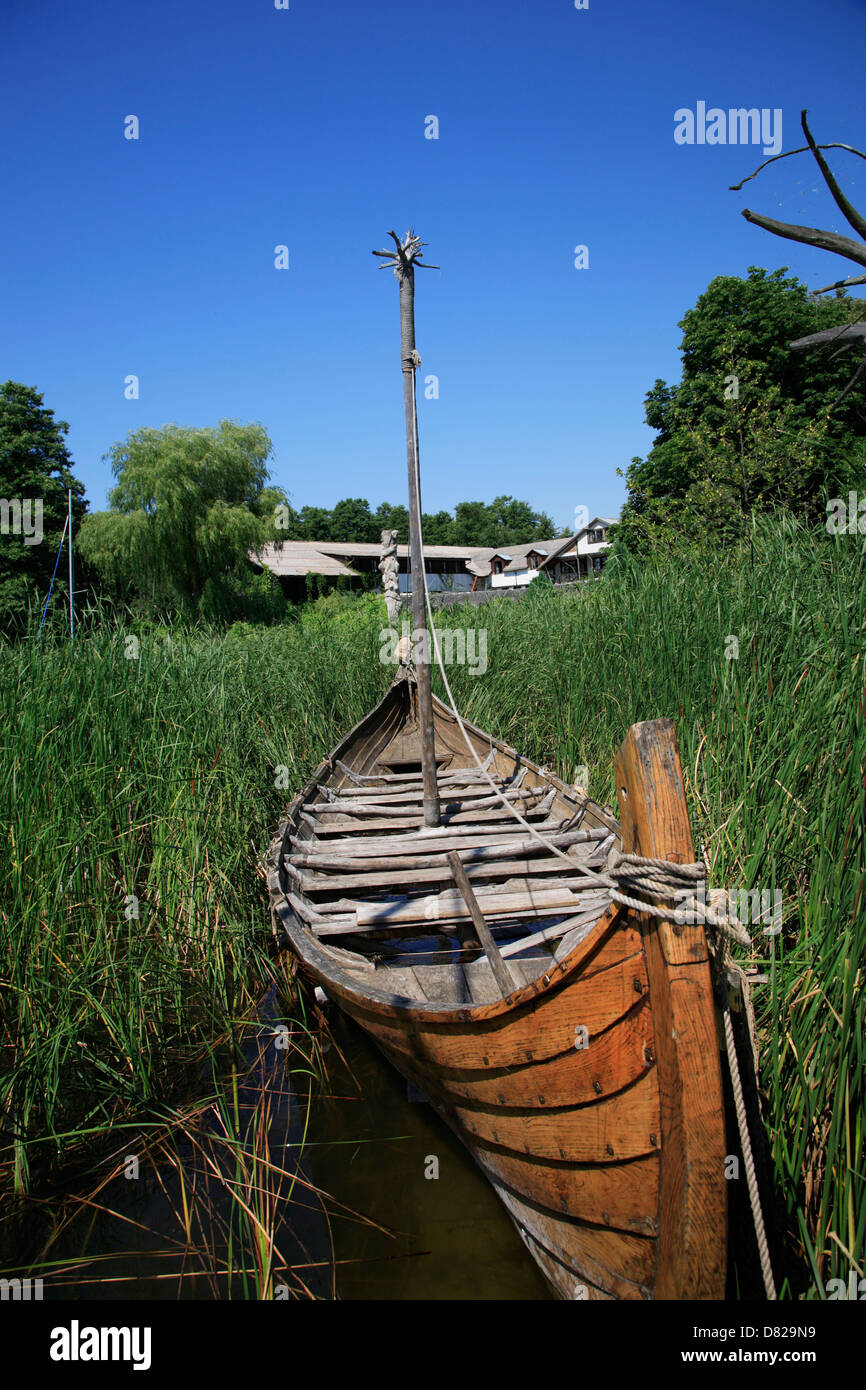 Wooden boat at open air park and Hotel Galindia Mazurski Eden near Ukta ...