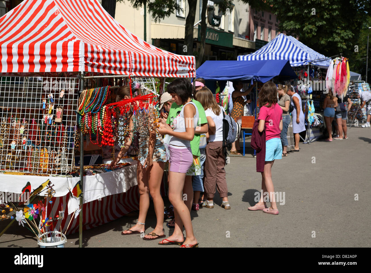 Souvenir stalls at Mikolajki, Mazury Lake District, Poland Stock Photo ...