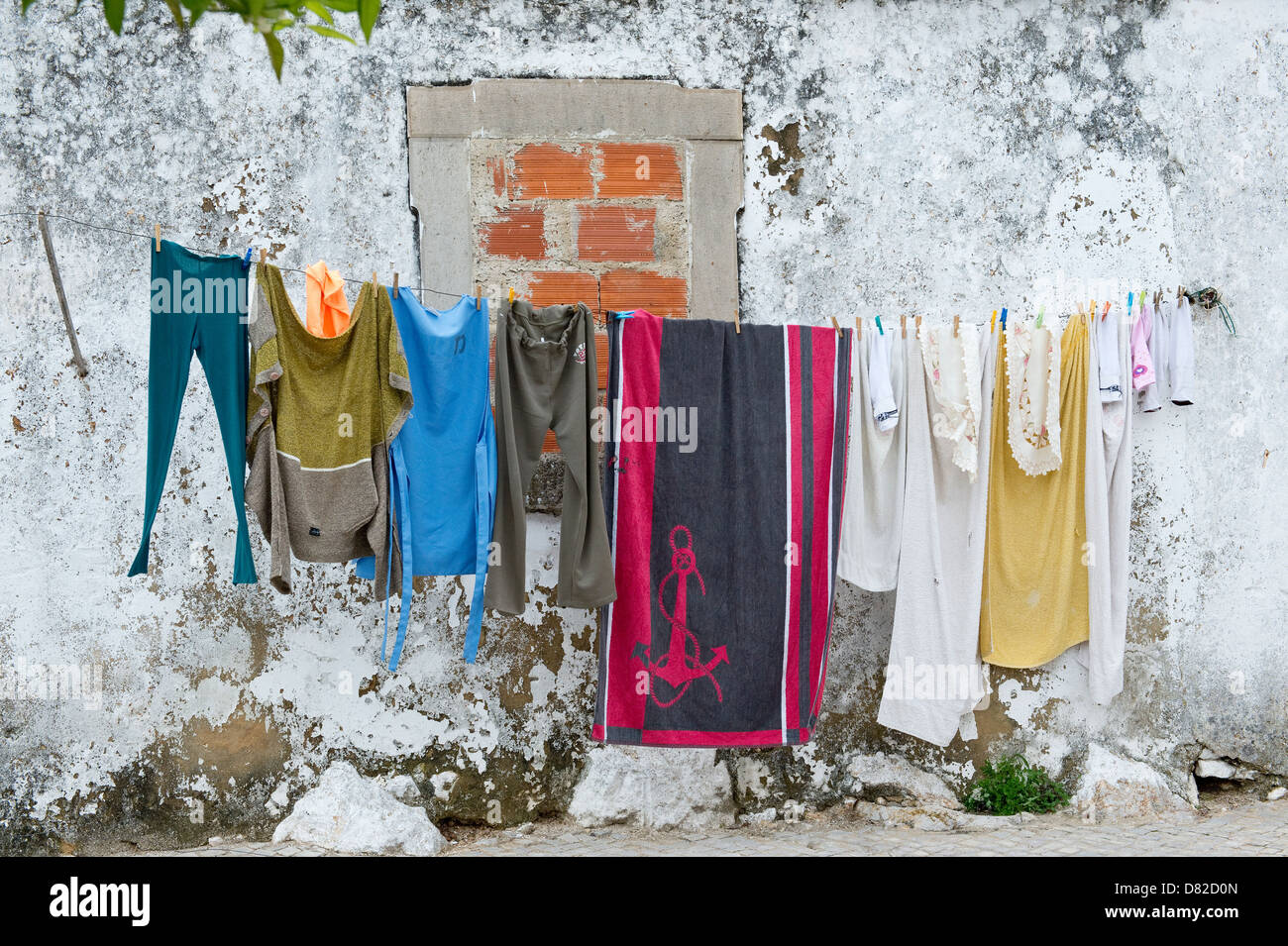 Washing line on front of abandoned house São Brás de Alportel Algarve ...
