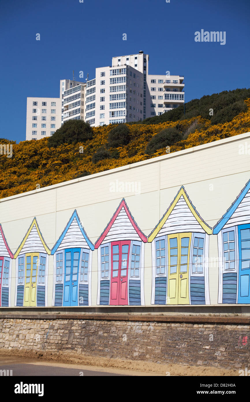 Painting of the beach huts on the side of building between Bournemouth ...
