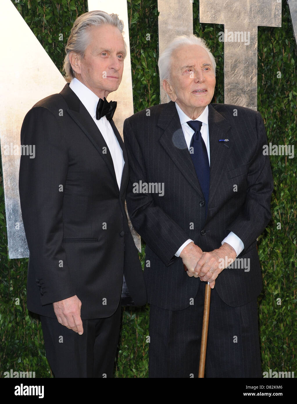 Kirk Douglas with his son Michael Douglas 2012 Vanity Fair Oscar Party at Sunset Tower Hotel ...