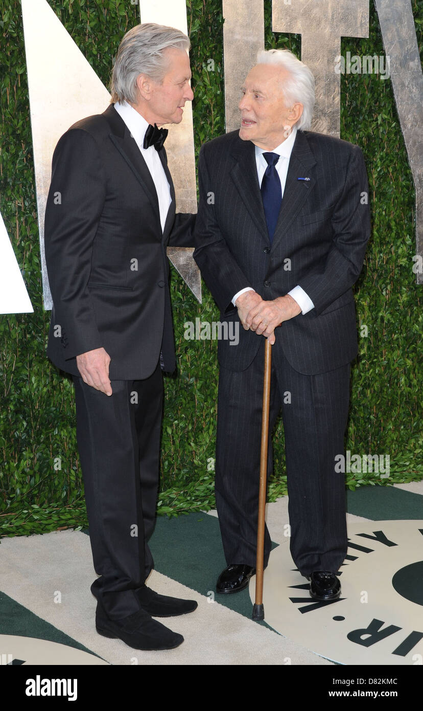 Kirk Douglas with his son Michael Douglas 2012 Vanity Fair Oscar Party at Sunset Tower Hotel ...