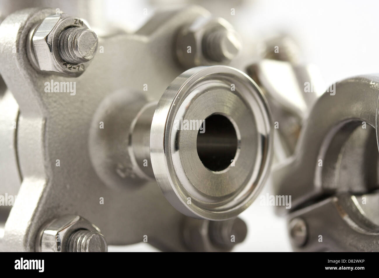 Close up detail of stainless steel valve body and flange ferrule Stock ...