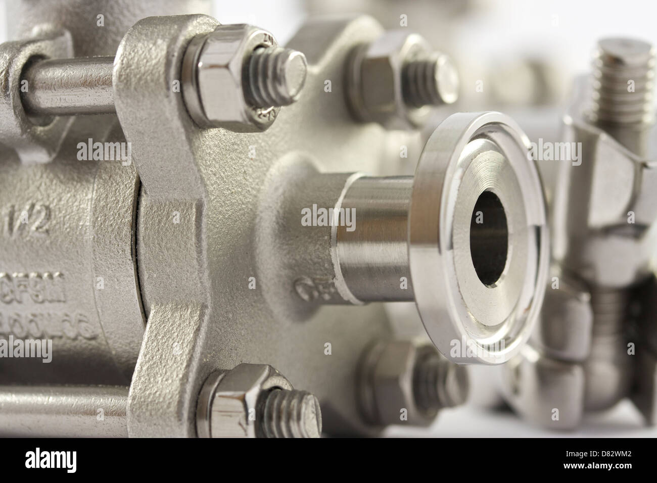 Close up detail of stainless steel valve body and flange ferrule Stock ...