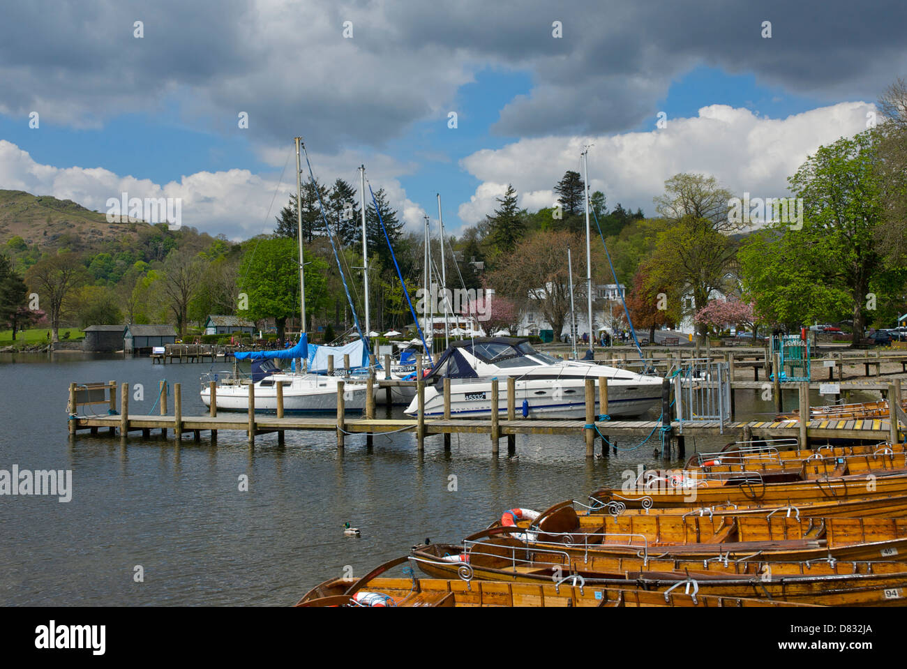 Lake Windermere at Waterhead, with moored boats, Lake District National ...