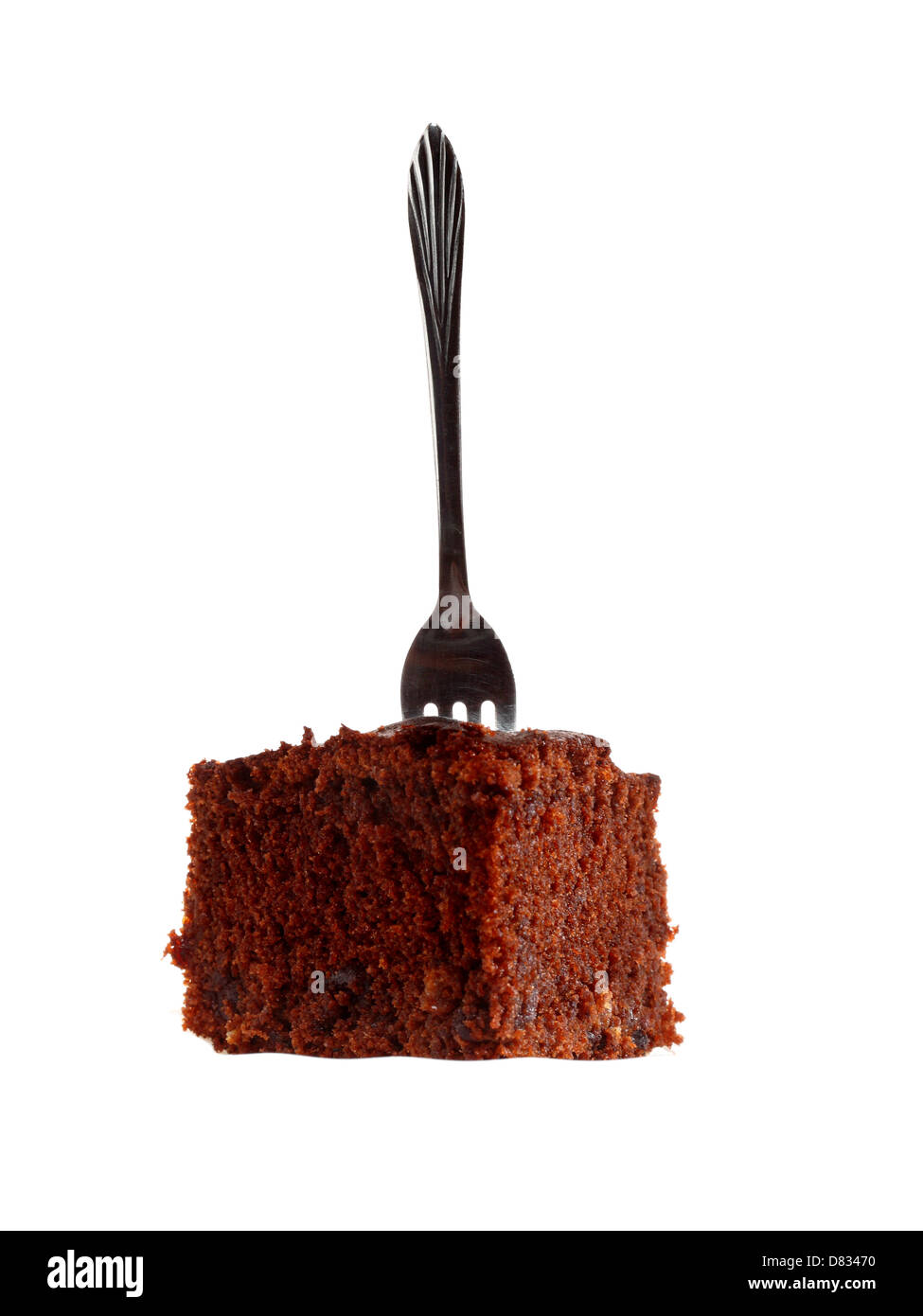 Piece of chocolate cake with fork isolated on white background Stock ...