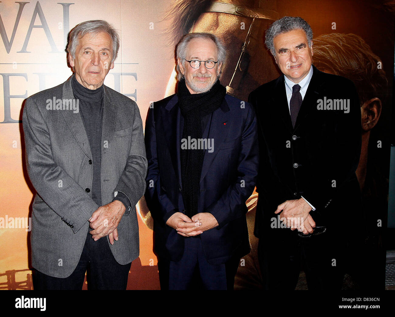 Costa-Gavras, Steven Spielberg and Serge Toubiana 'War Horse' Photocall at la cinematheque Paris ...