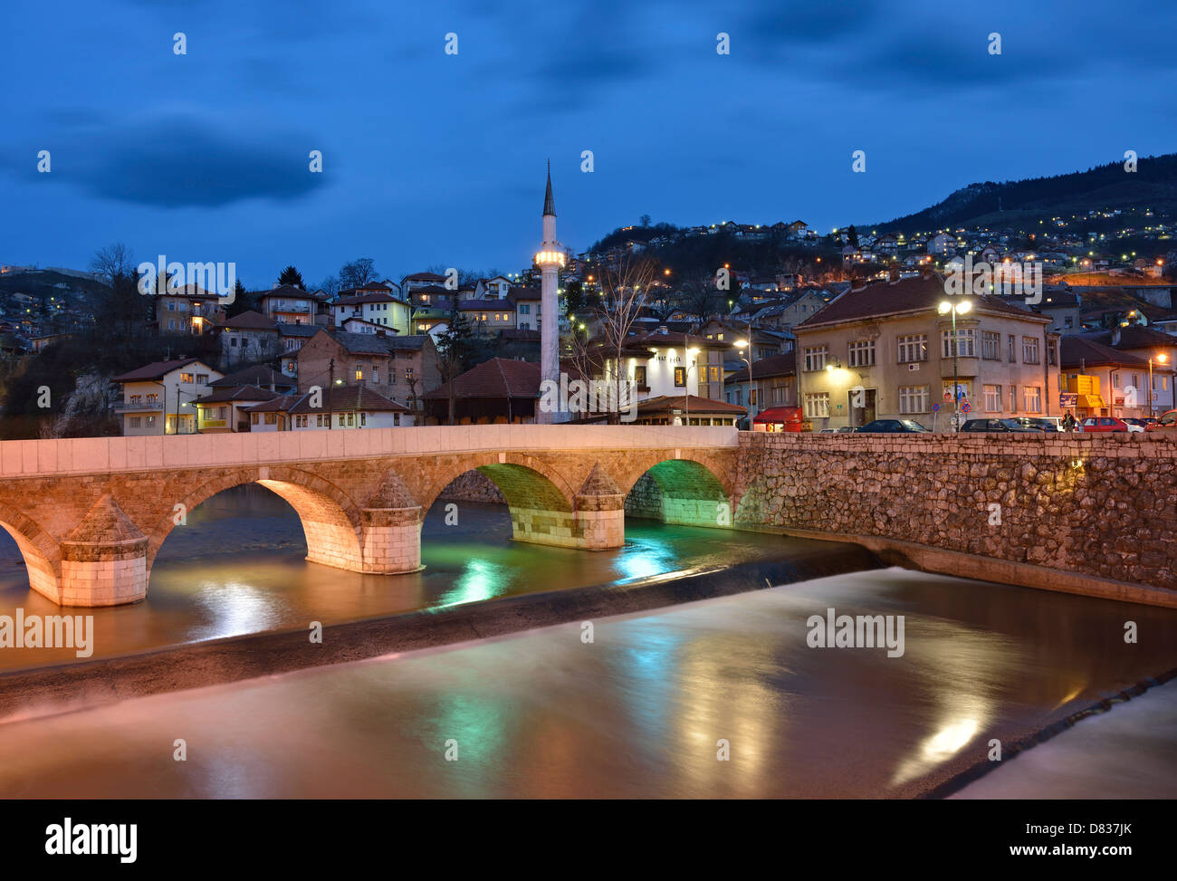 View of Sarajevo and Miljacka river at dusk, Sarajevo, Bosnia and ...