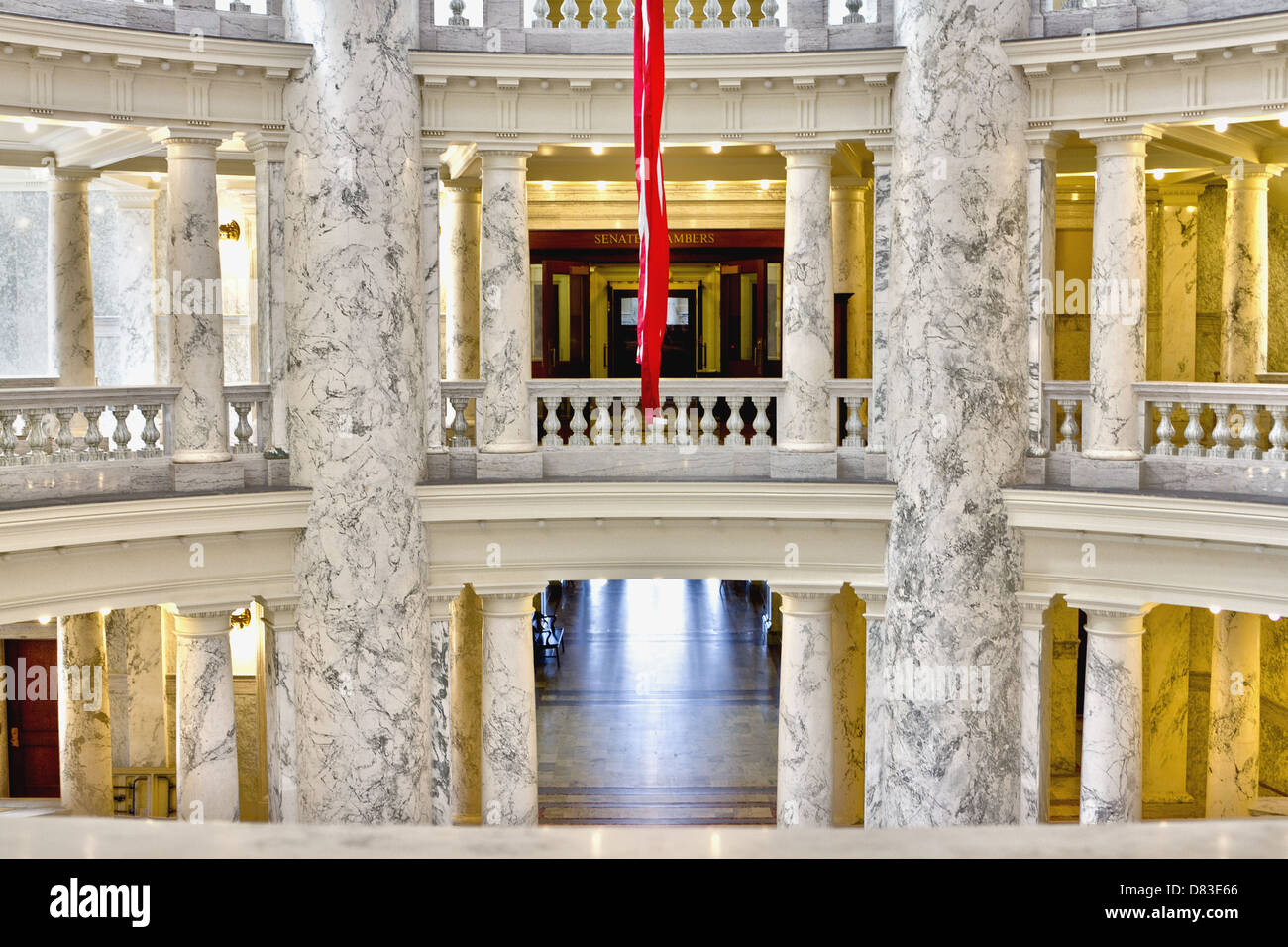 Symmetrical view of marble columns in interior of Idaho state capitol ...
