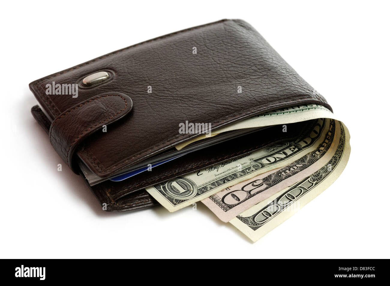 Leather wallet with dollar bills in it Isolated closeup on white ...