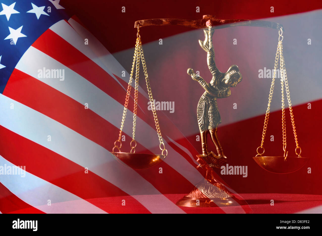 American flag over justice scales concept Stock Photo - Alamy