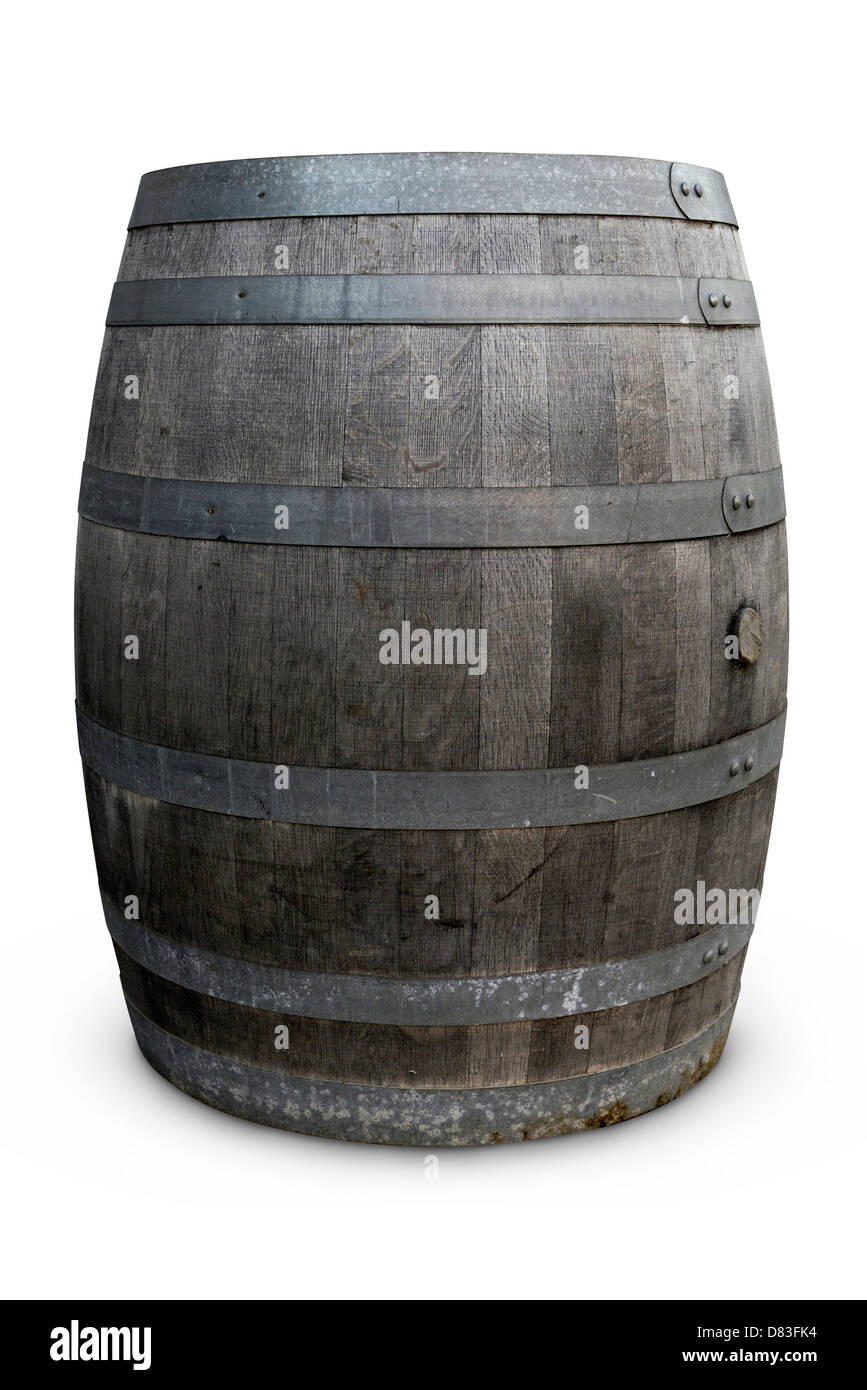 Old wooden oak barrel closeup Isolated on white background with a ...