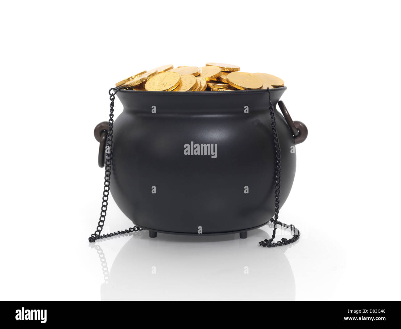 Cauldron full of money, fake golden loonie coins. Isolated on white ...