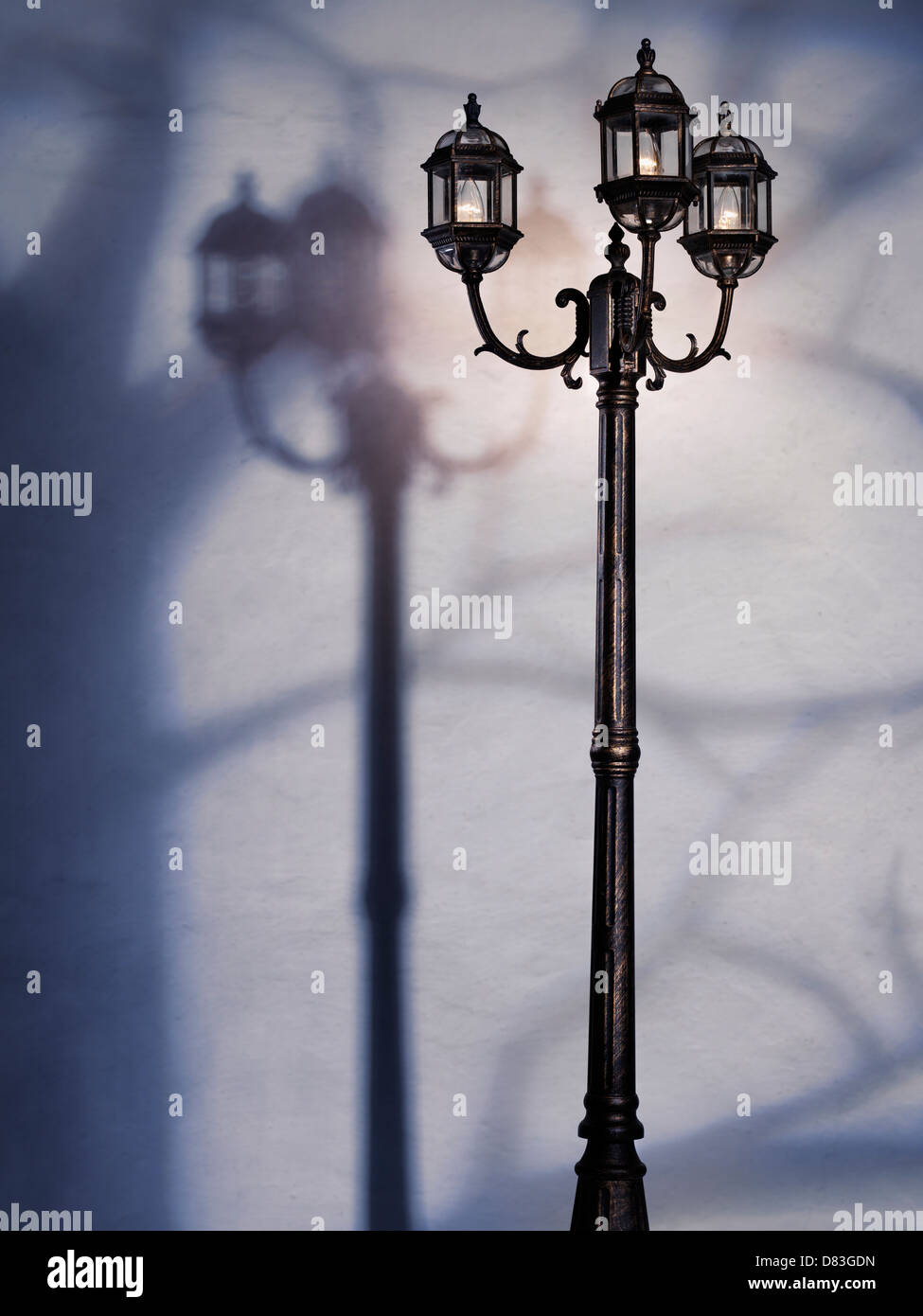Artistic dramatic photo of a street lamp at night with tree shadow over ...