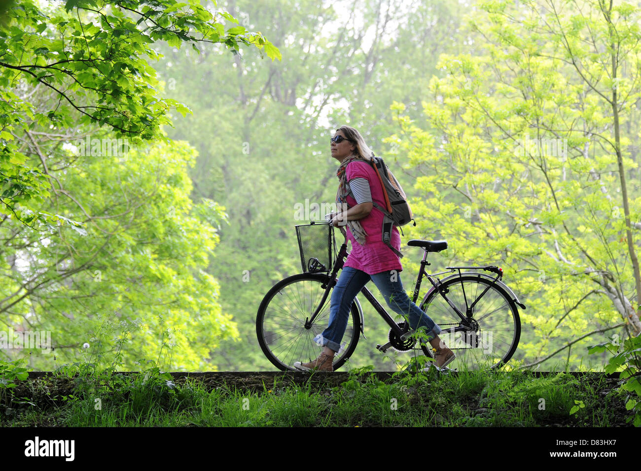 A female cyclist pushing her bike along the Taff Trail on a sunny day ...