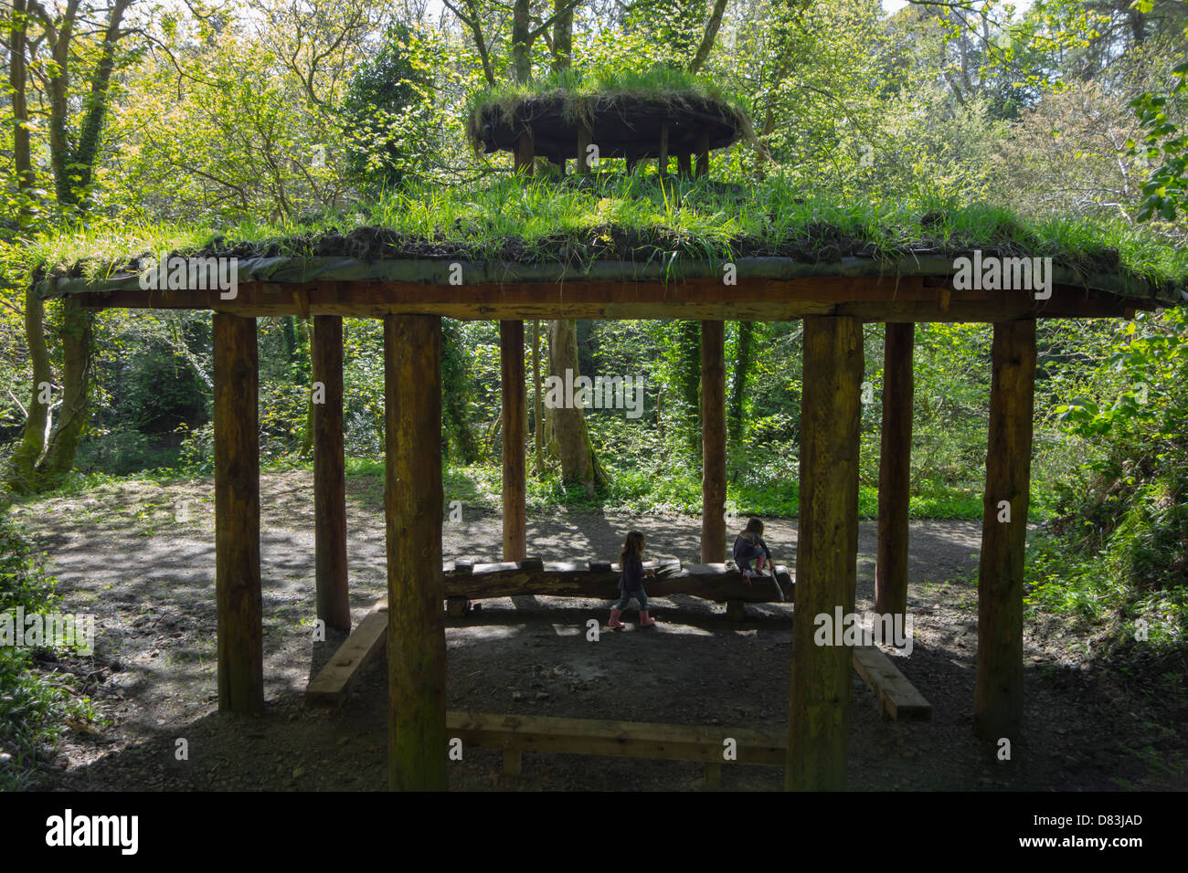 A round wooden shelter with a grass roof and chimney, situated in ...