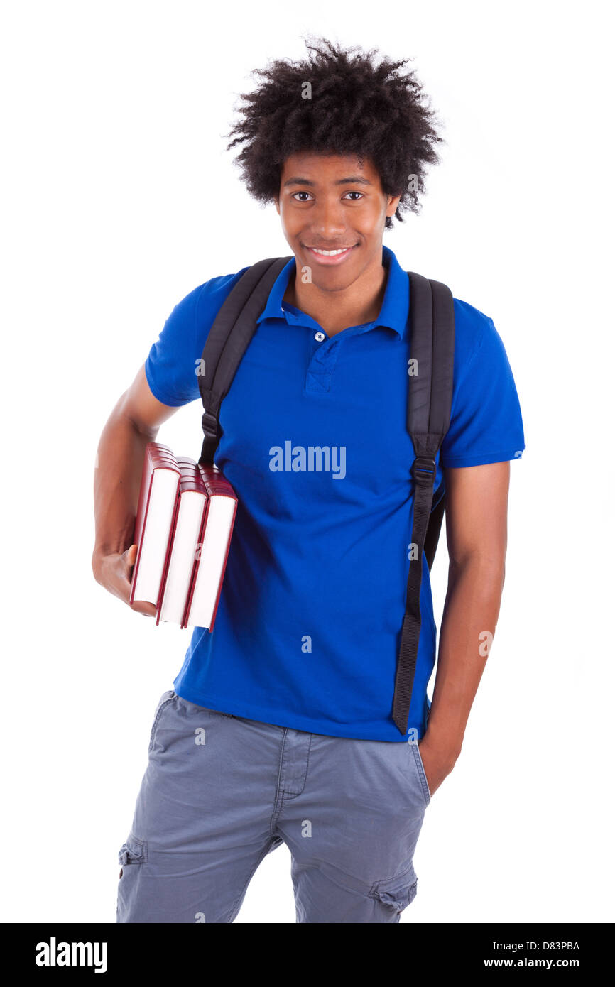 Young african american student holding books, isolated on white ...