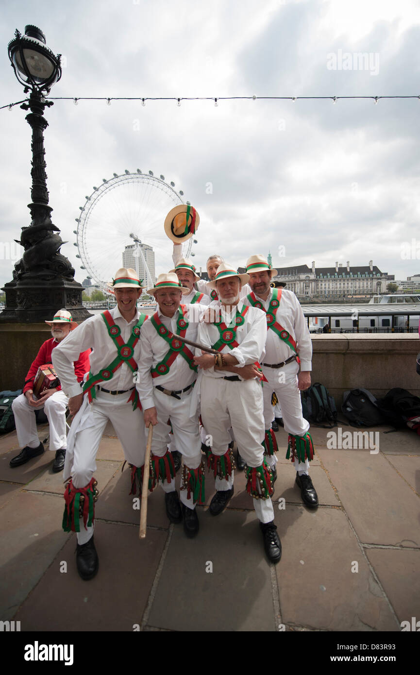 London, UK. 18th May 2013. The Winchester Morris Men pose at Victoria ...