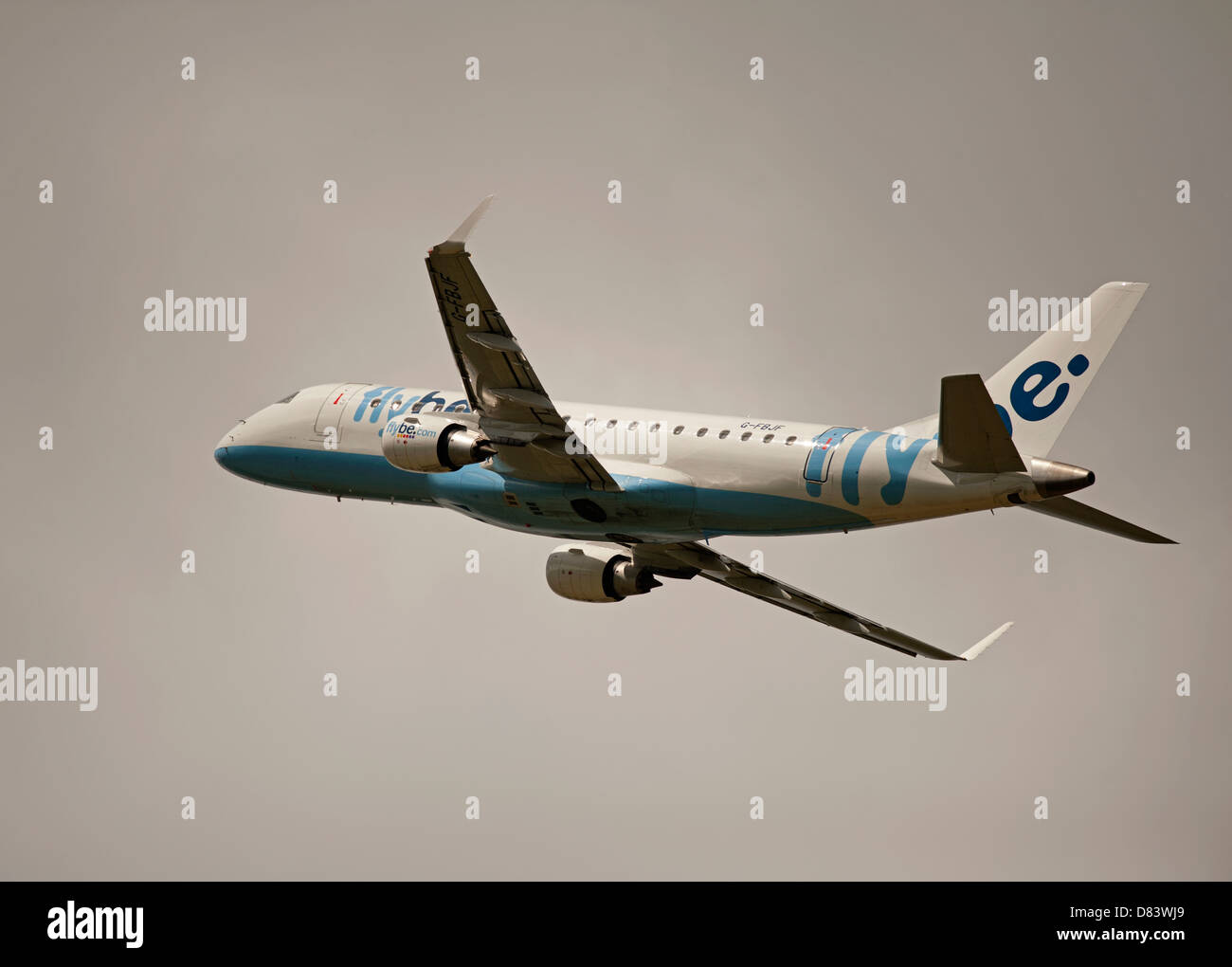 Twin engined Embraer ERJ-190-2000-195LR Flybe Civil Airliner departing ...