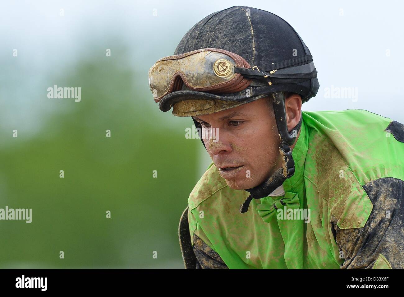 MAY 18, 2013 : Jockey John Bisono with dirt on face and goggles after ...