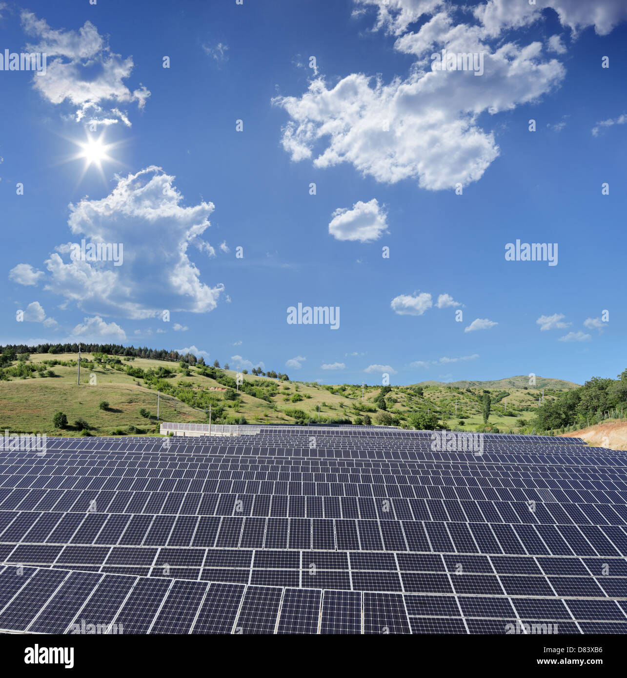 Solar photovoltaic cell panels under sunny sky, Macedonia, shot with a ...