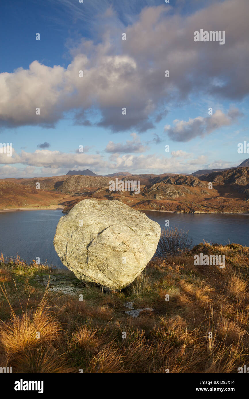 Erratic boulder above Gruinard Bay, Wester Ross, North West Highlands ...