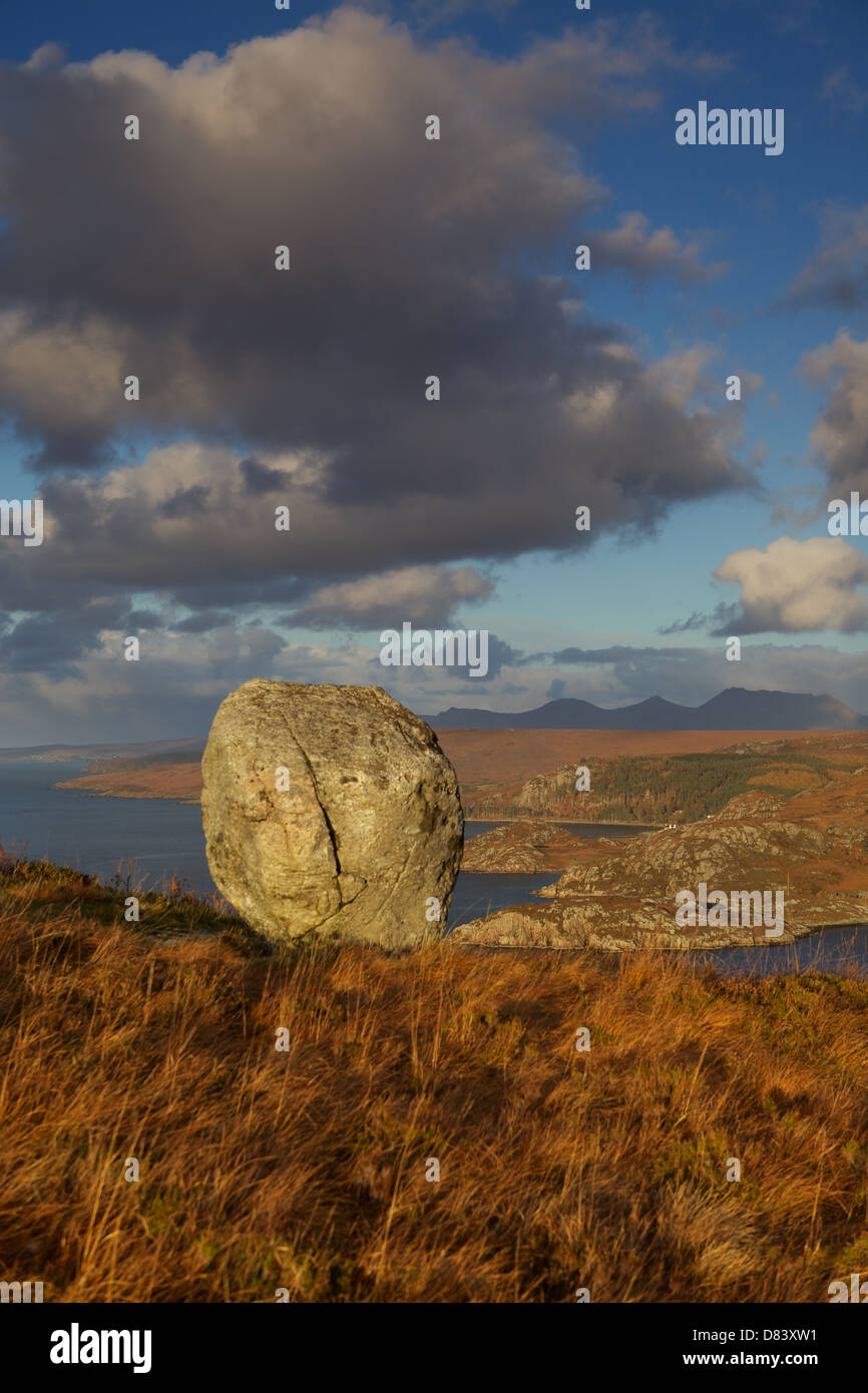 Erratic boulder above Gruinard Bay, Wester Ross, North West Highlands ...