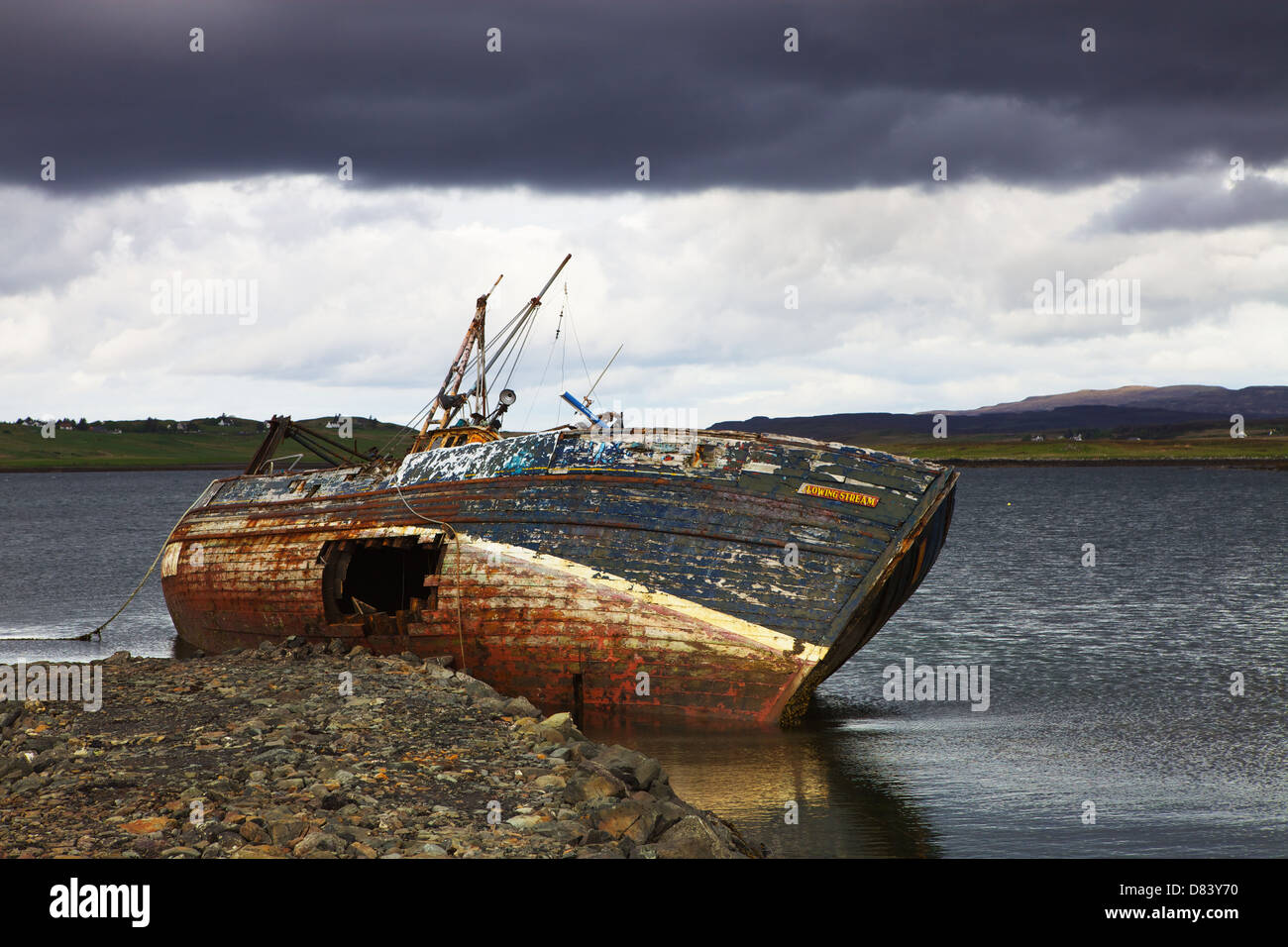 Fishing boat 'Flowing Stream' beached on the banks of Loch Vatten, nr ...