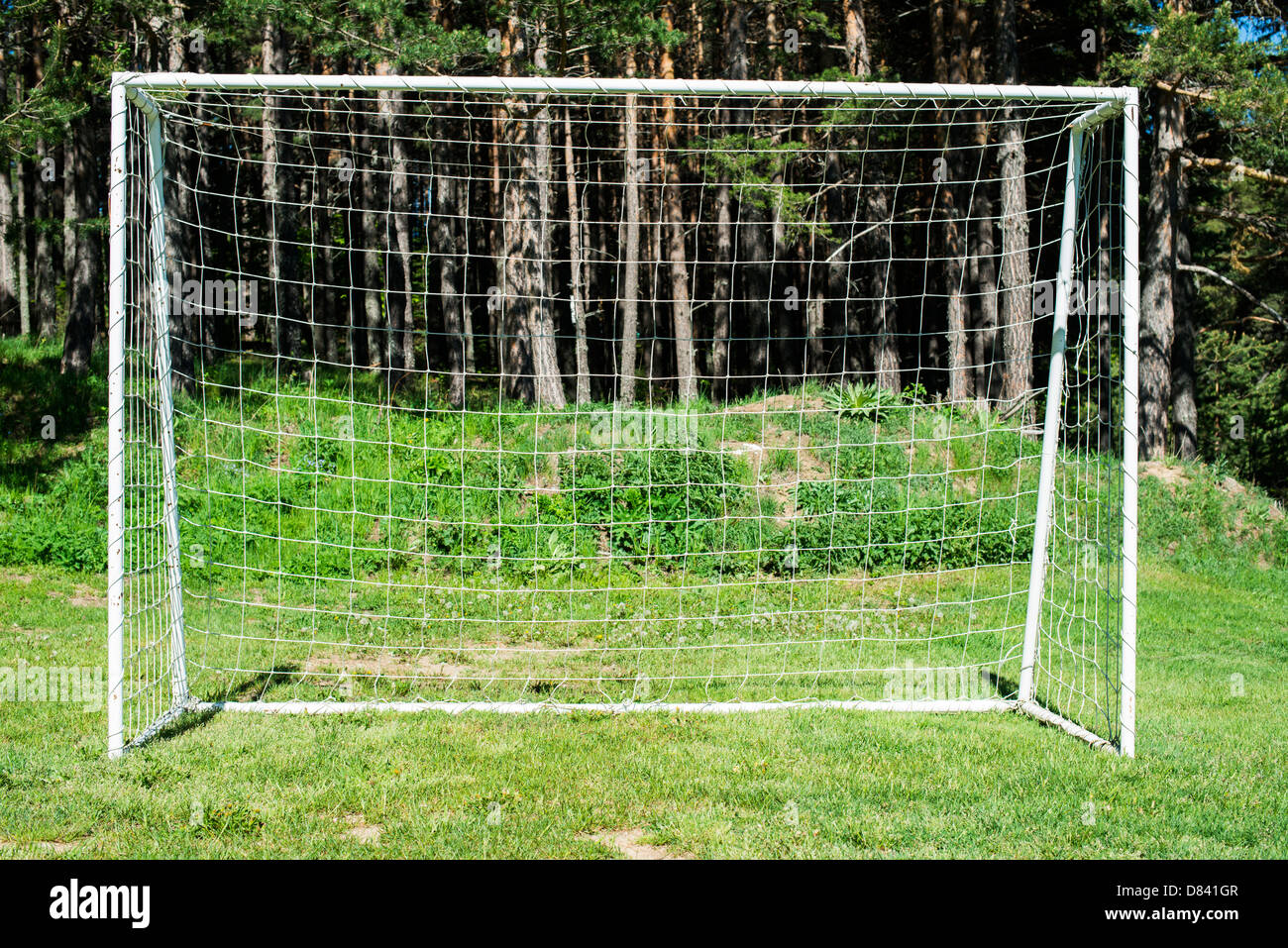 Football gate with net in a forest Stock Photo - Alamy