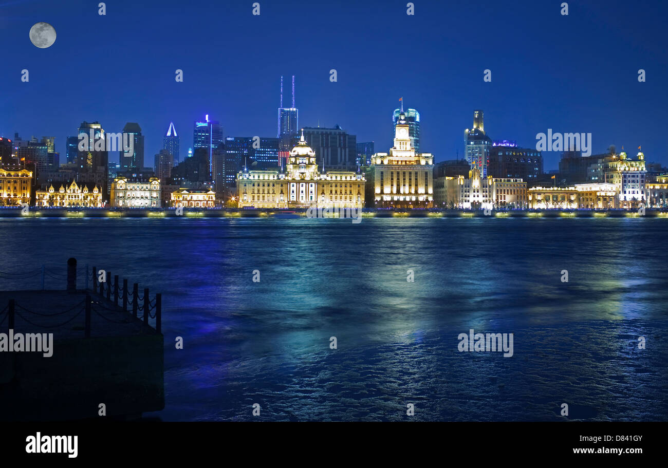 shanghai historic bund night view with a moon Stock Photo - Alamy