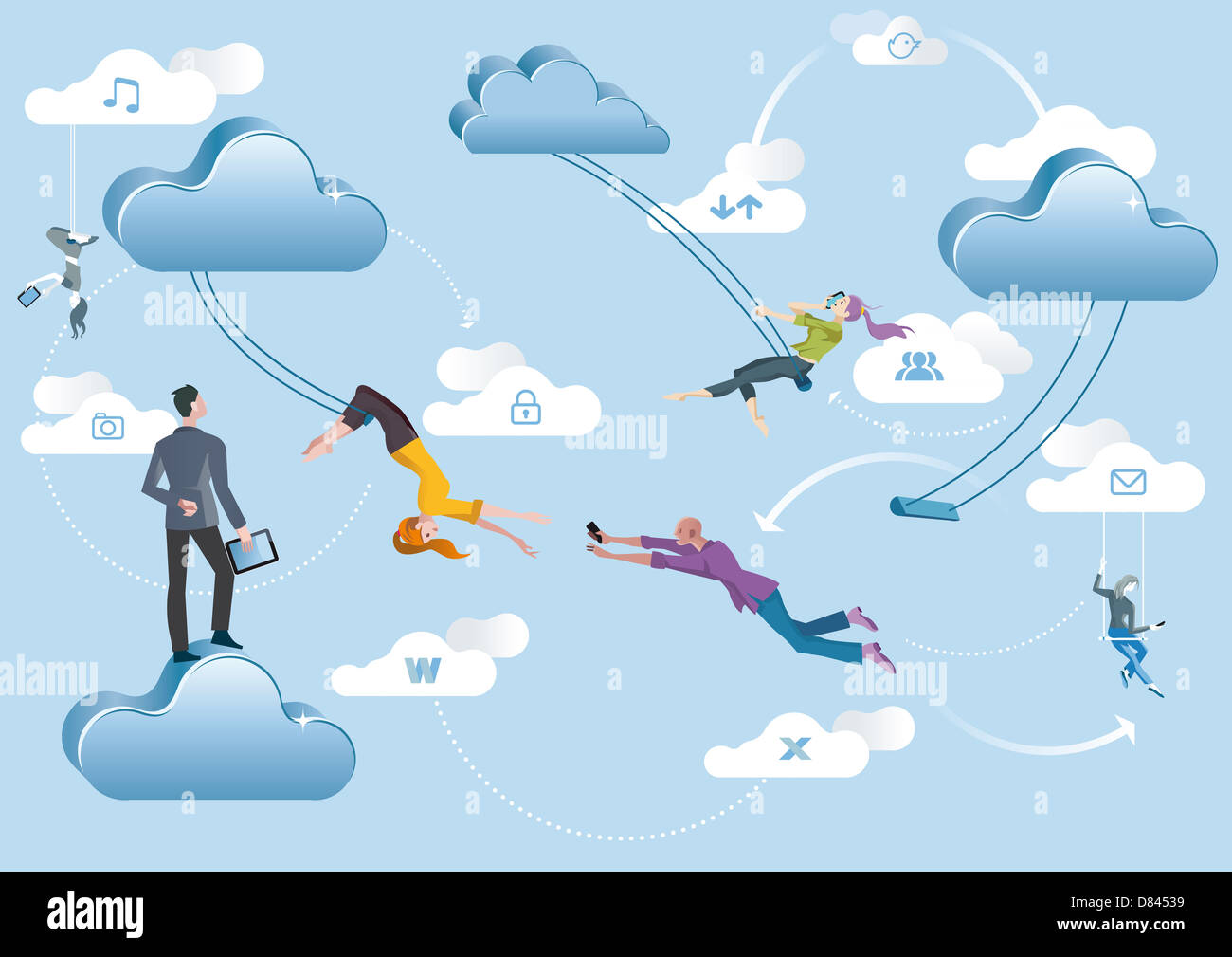 Business men and business women are working in the cloud like acrobats swinging between clouds ...