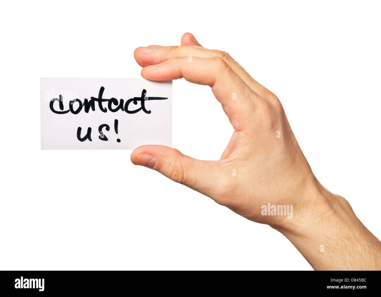Male hand points on a card Contact Us on a white background Stock Photo ...