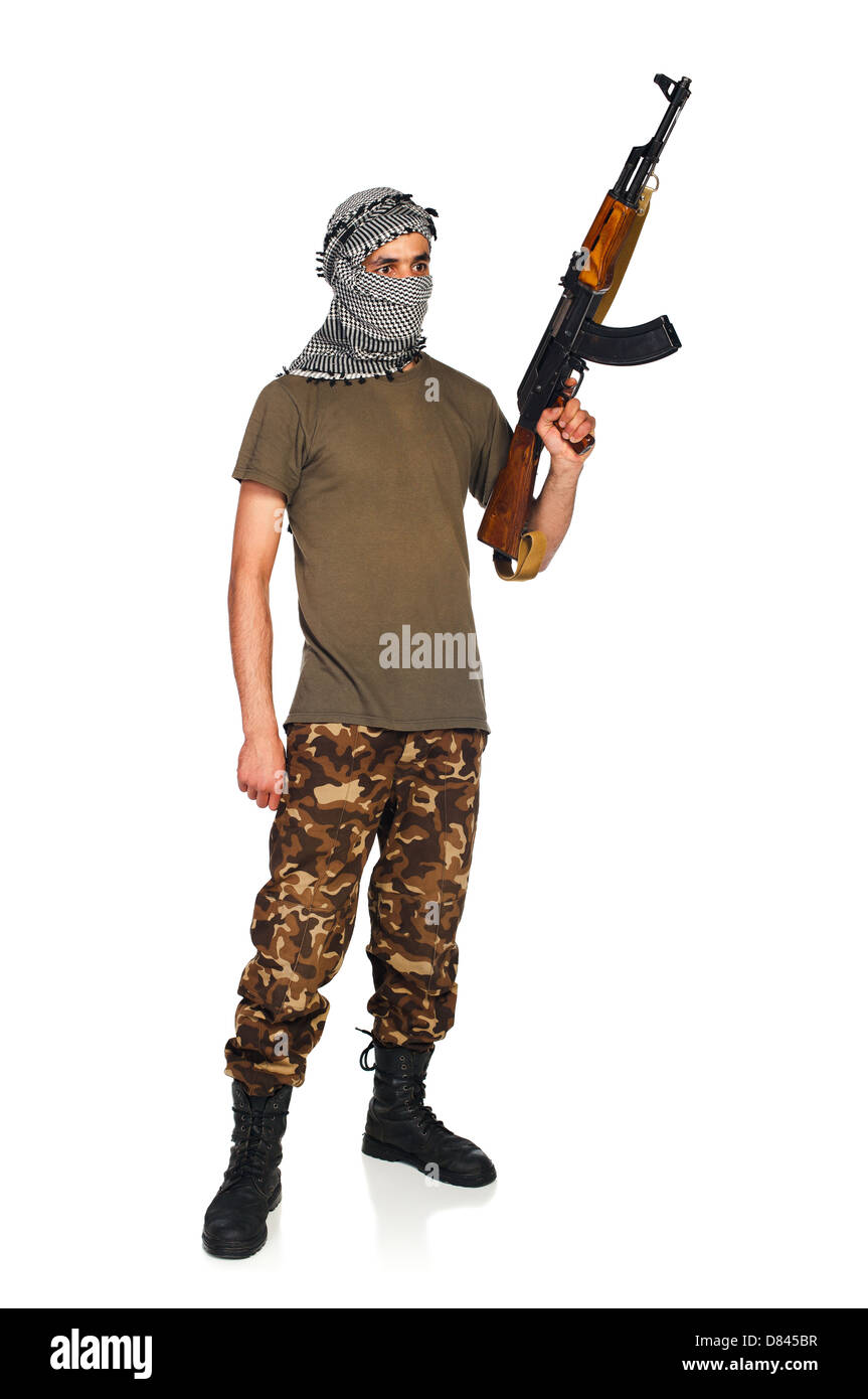 Terrorist Arab nationality in camouflage suit and keffiyeh with ...