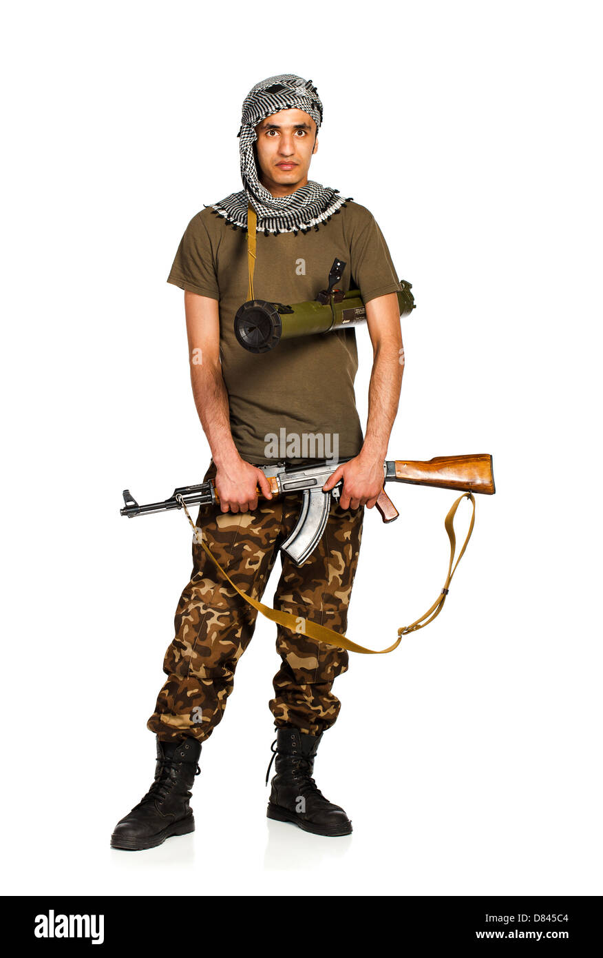 Terrorist Arab nationality in camouflage suit and keffiyeh with ...