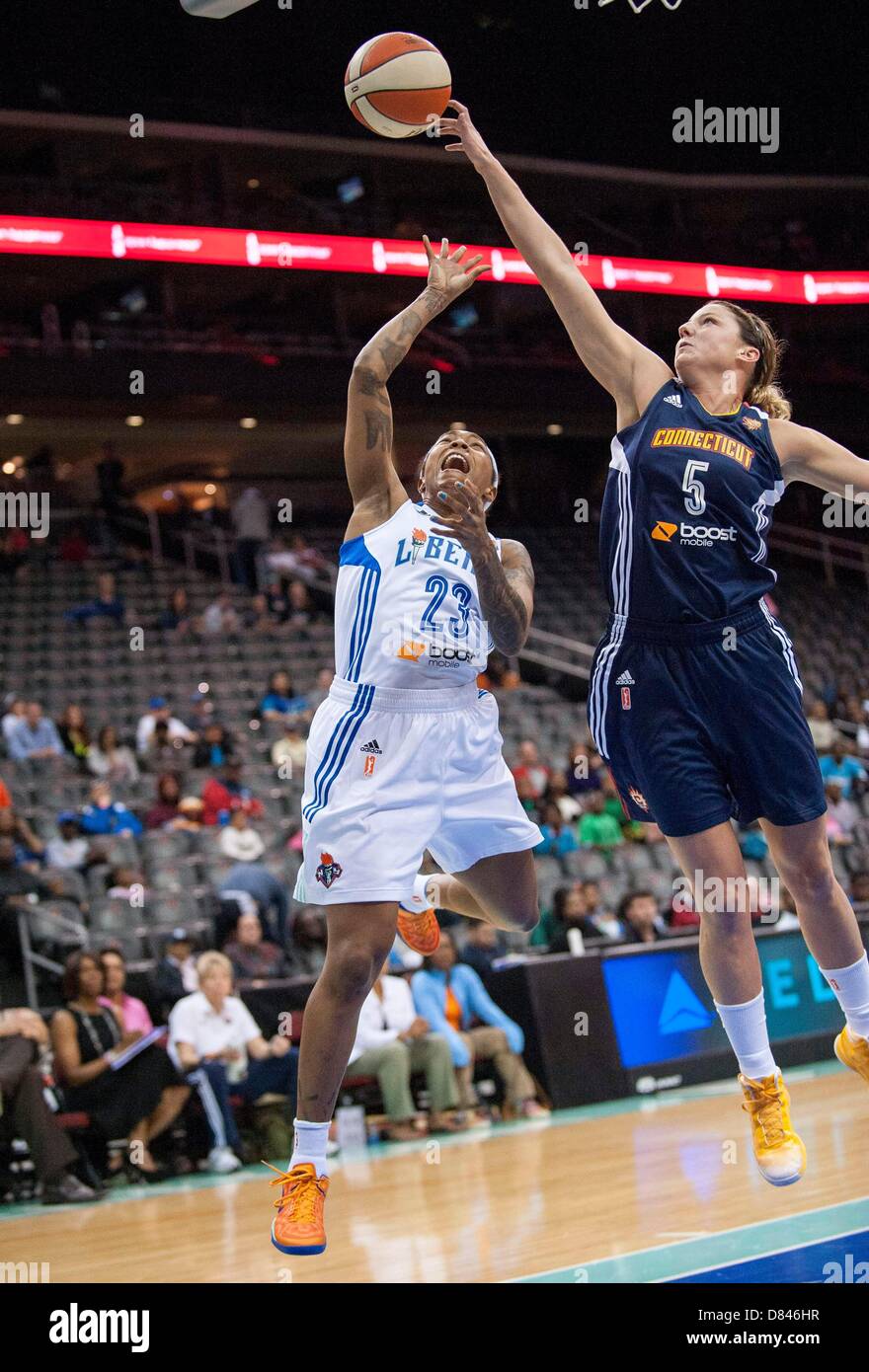May 18, 2013 - Newark, New Jersey, U.S. - Sun's forward Kelsey Griffin #5 Blocks Liberty's guard ...