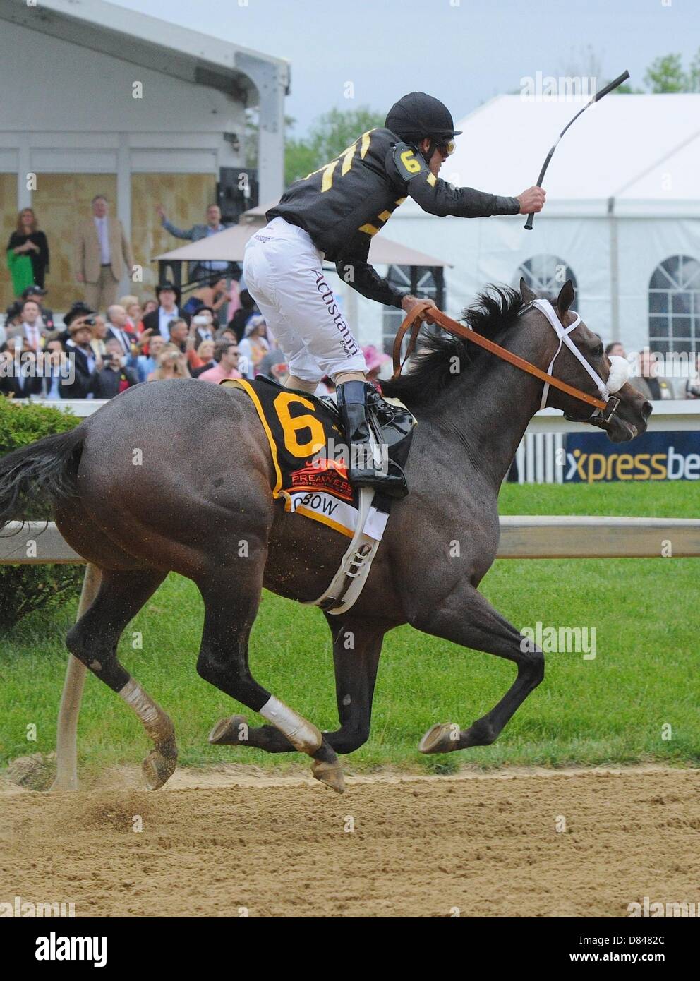 Baltimore, USA. 18th May, 2013. Oxbow (no. 6), ridden by Gary Stevens ...