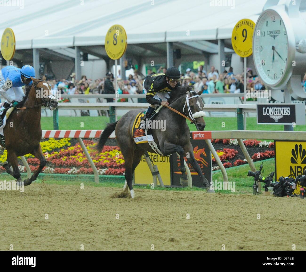 Baltimore, USA. 18th May, 2013. Oxbow (no. 6), ridden by Gary Stevens ...