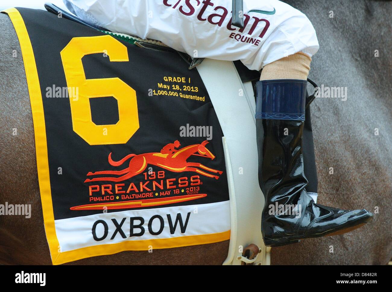 Baltimore, USA. 18th May, 2013. Oxbow (no. 6), ridden by Gary Stevens ...
