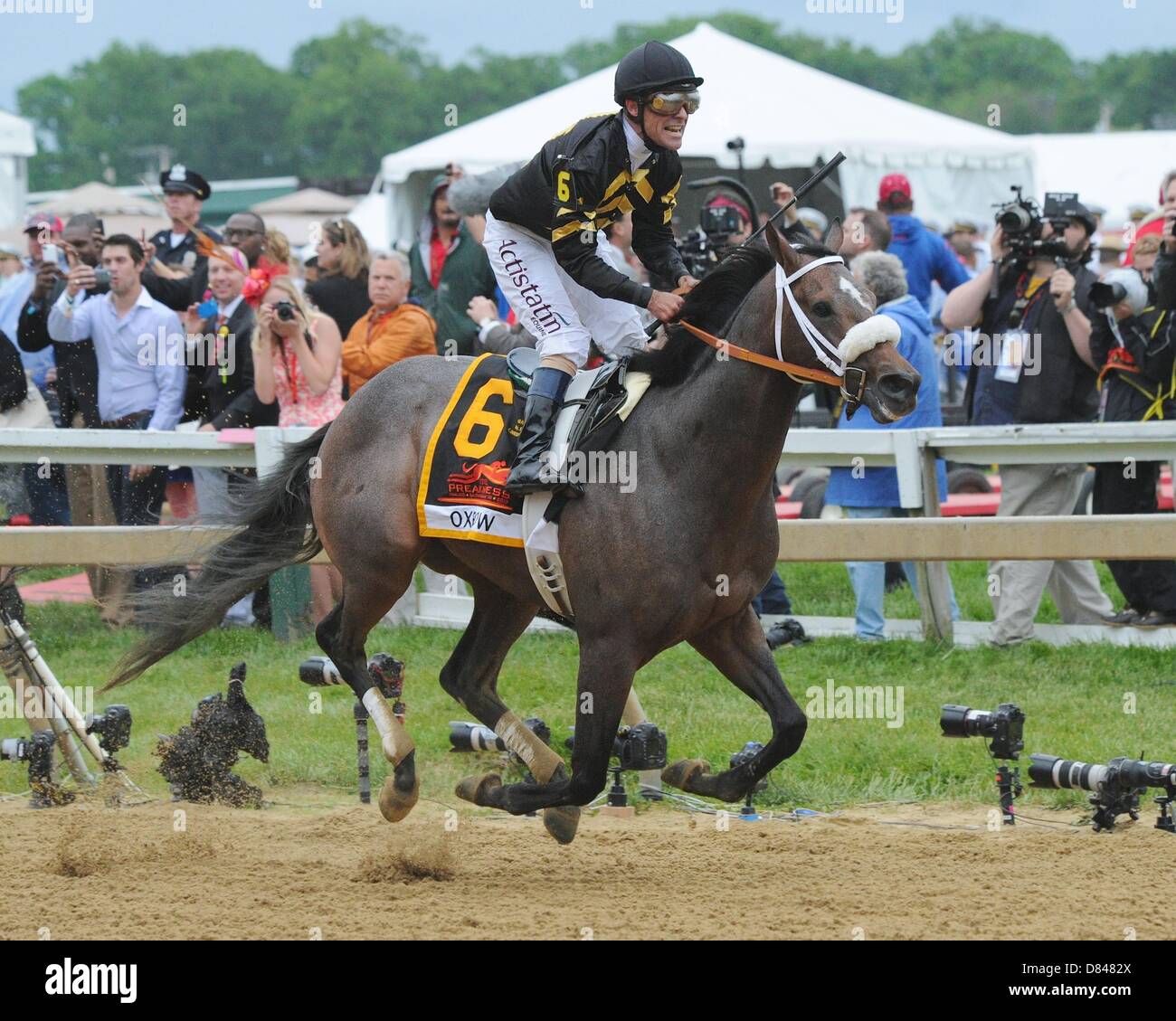 Baltimore, USA. 18th May, 2013. Oxbow (no. 6), ridden by Gary Stevens ...