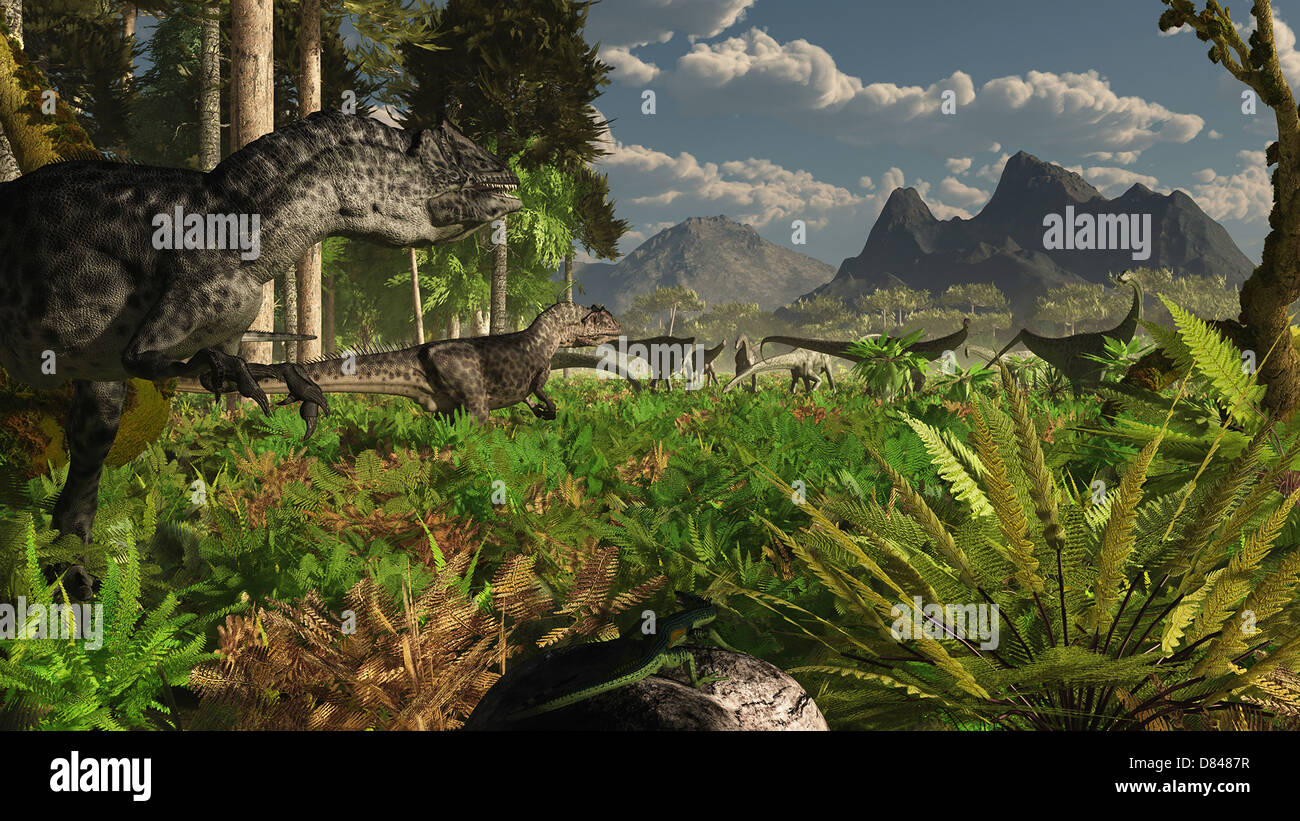 Allosaurus and Diplodocus dinosaurs roam western North America in the ...