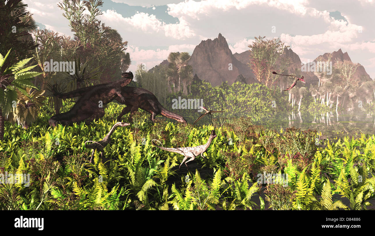 Plateosaurus and Ceolophysis dinosaurs of the Triassic period Stock ...